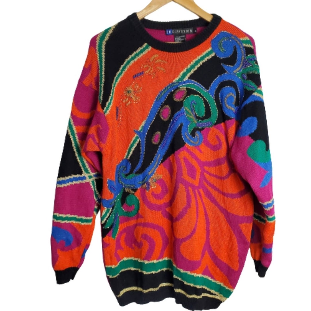 Vintage IB Diffusion Bright Colorful Knit Beaded Pullover Pink Sweater ...