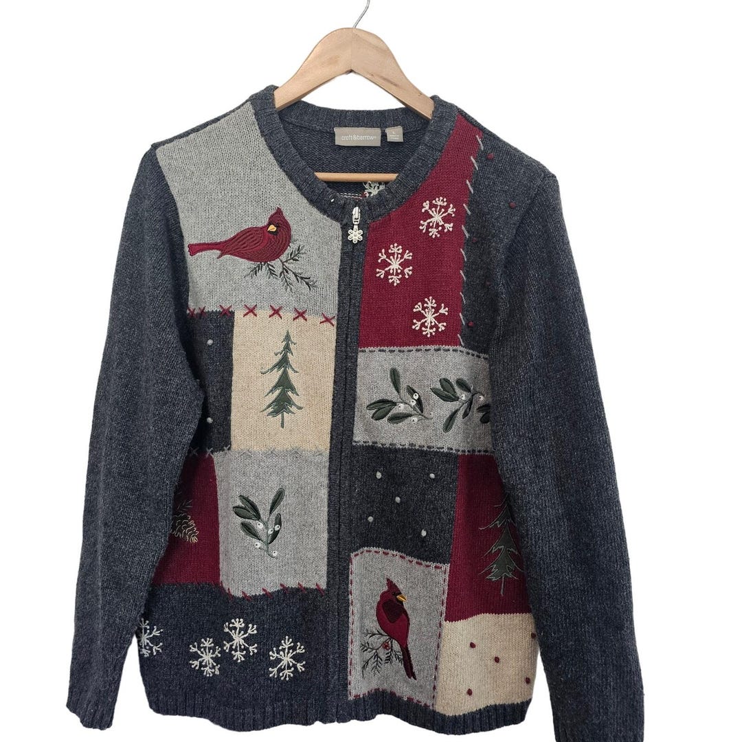 Vintage Croft & Barrow Cardigan Womens Large Gray Winter Christmas Silk ...