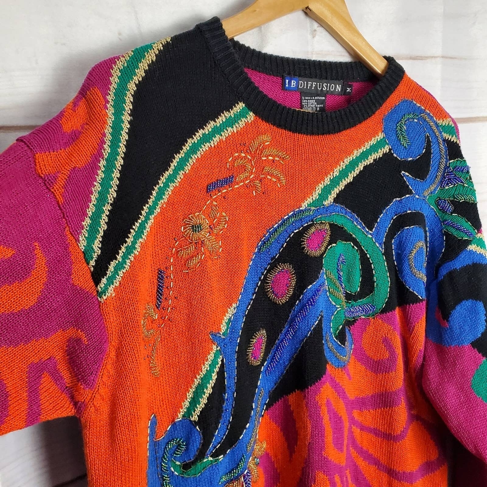 Vintage IB Diffusion Bright Colorful Knit Beaded Pullover Pink Sweater ...