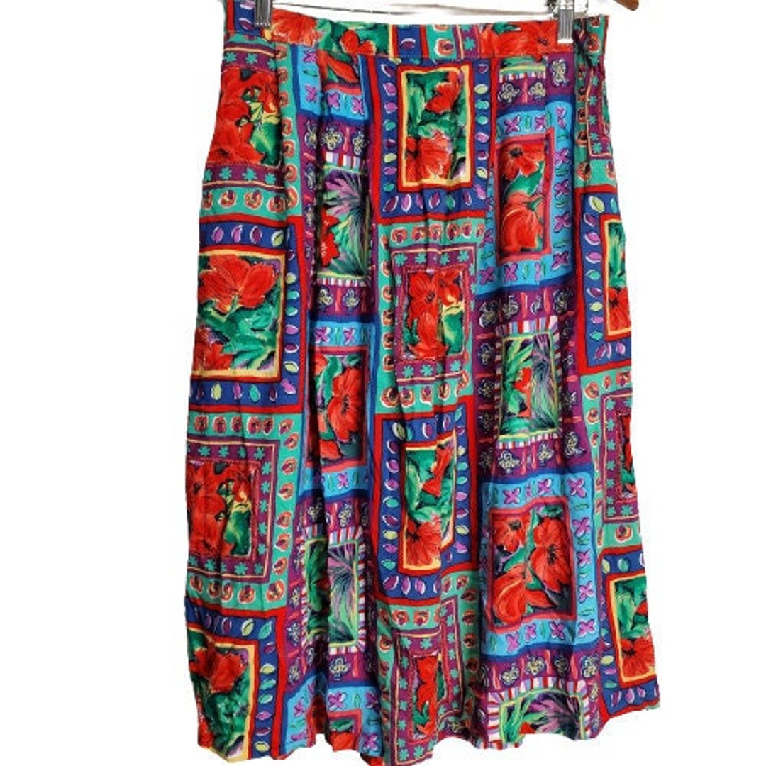 Sag Harbor 90s Vintage Red Floral Colorful Spring Midi A-line Skirt ...