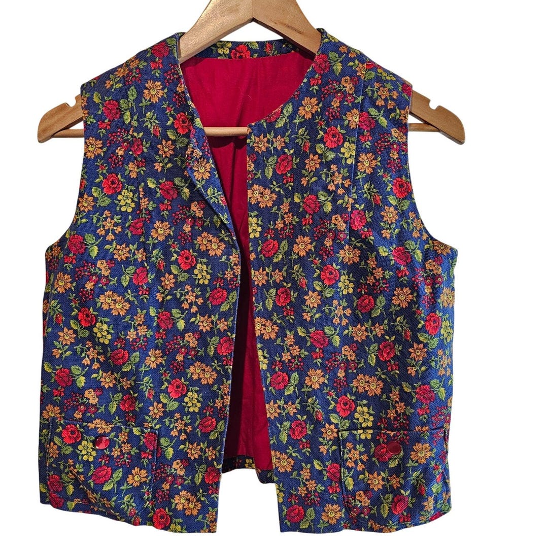 Vintage Handmade Tapestry Vest Womens Medium Purple 80s Floral Cottage ...