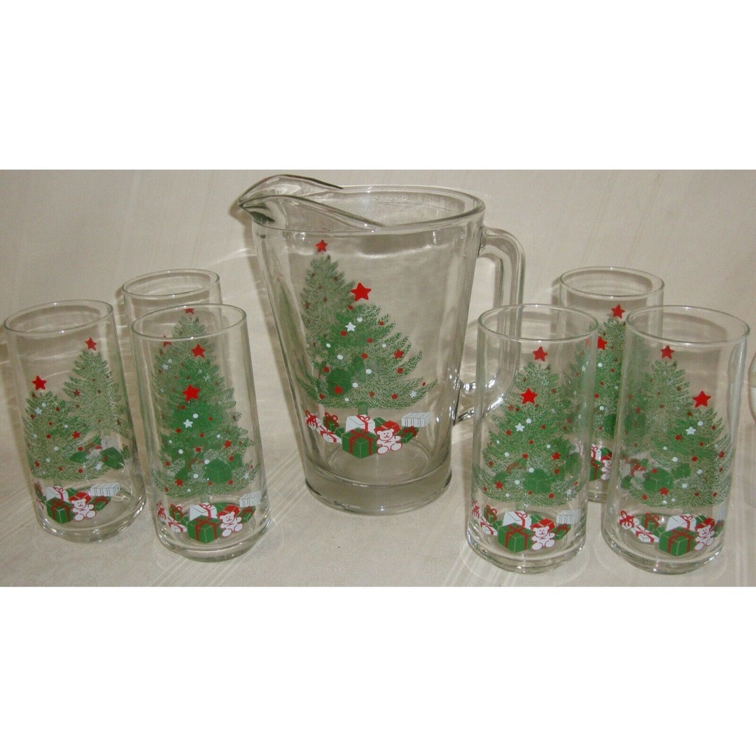 Crisa Holiday 7 Piece Beverage Set, 6 Glass Tumblers & 1 Pitcher 7505 ...