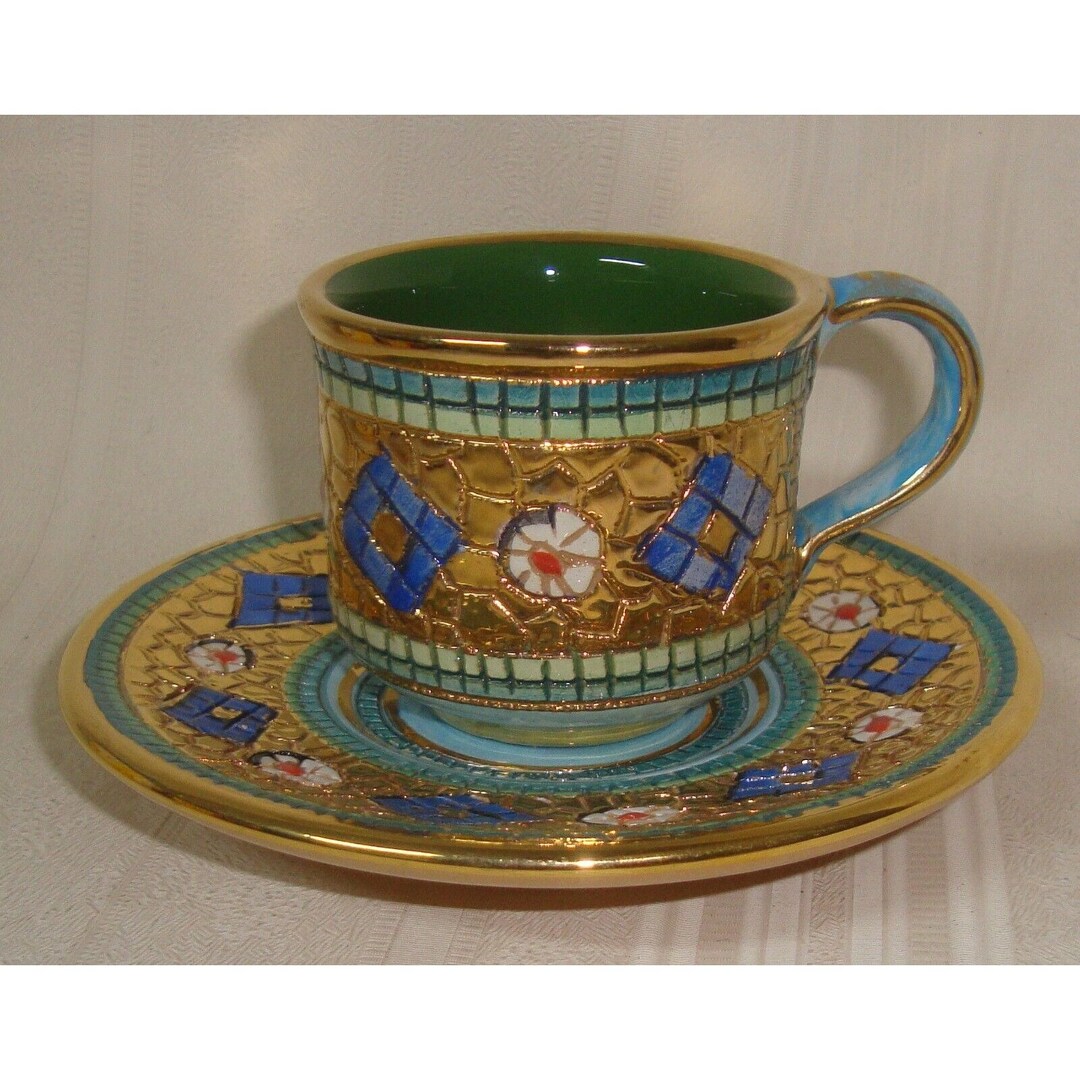 Mosaic Potter Tea Cup Saucer Set Mario Sambuco Ceramic D'arte Italy ...
