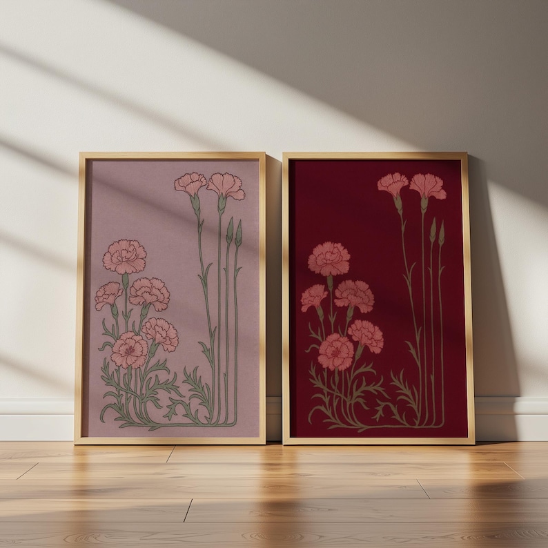 Carnations Art Nouveau Print: Floral Wall Art, Pink - Etsy