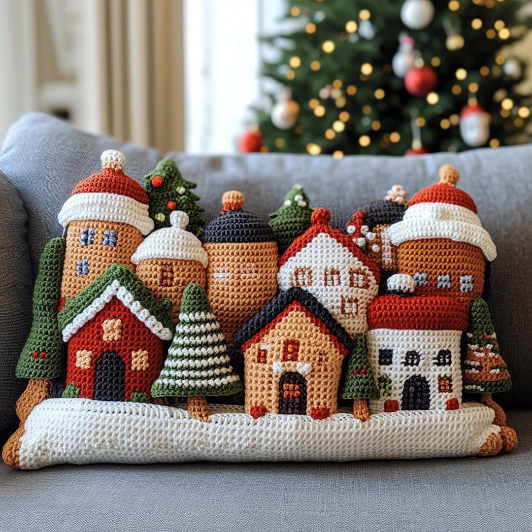 Christmas Crochet Town, Gift Decor, Plush Cushion, Winter Season ...