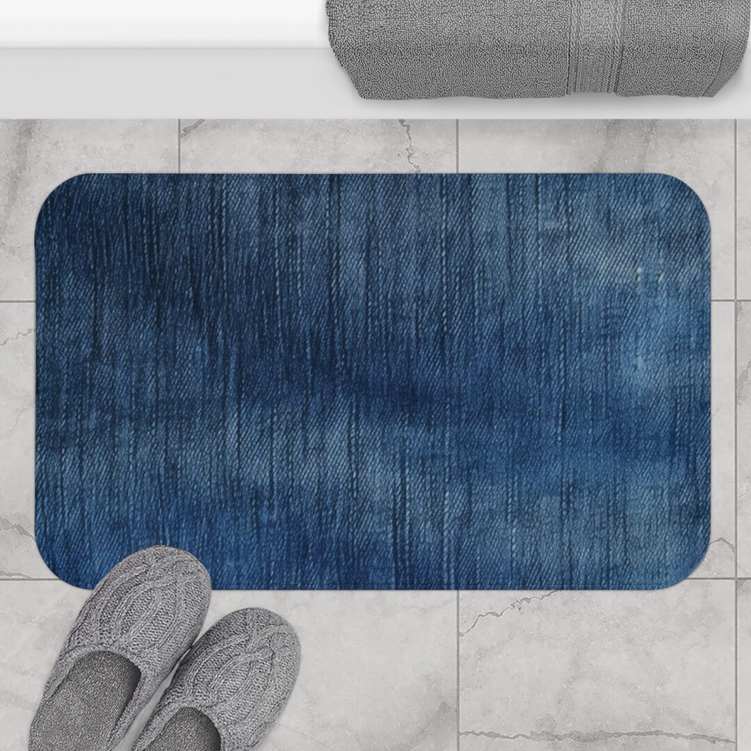 Indigo Splash: Washed Denim Reverie in Deep Blue Bath Mat - Etsy
