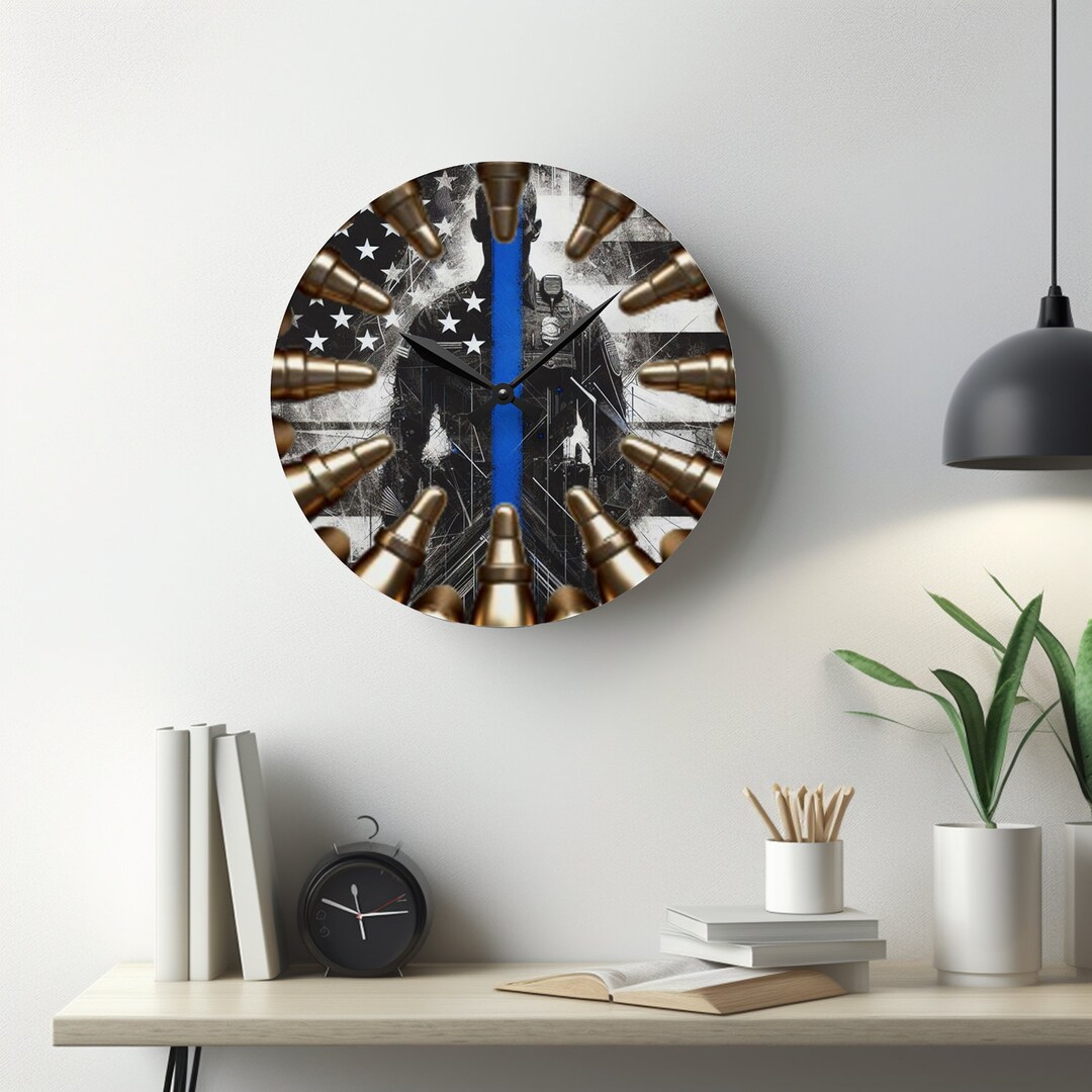 Thin Blue Line Acrylic Wall Clock Patriotic Police Honor, Faux Bullet ...