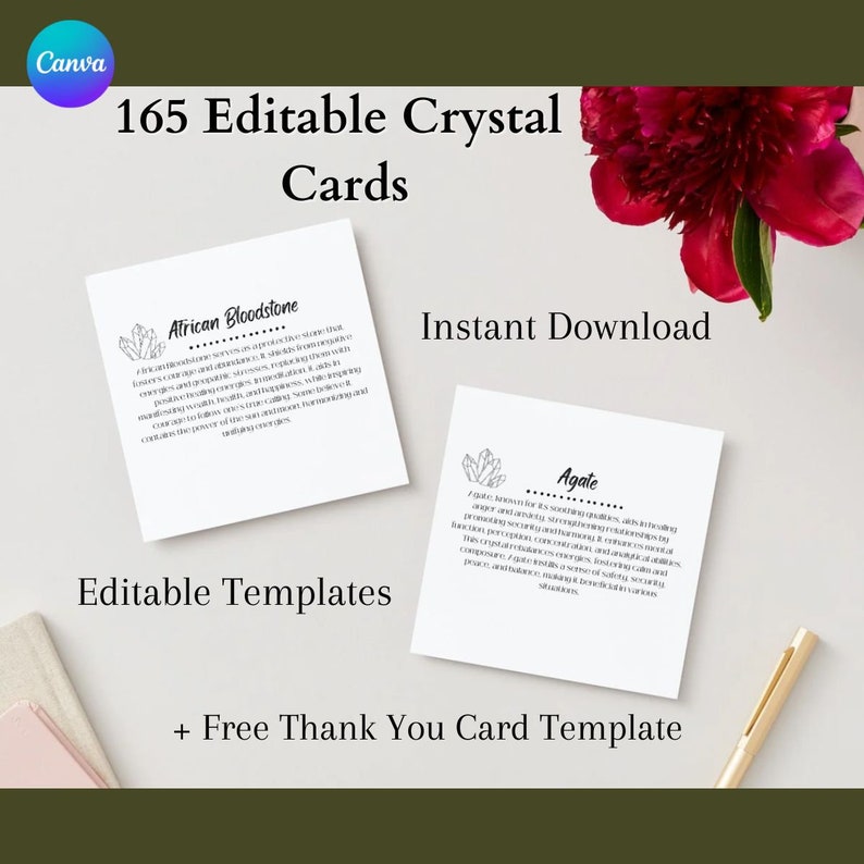 165 Editable Crystal Cards, Crystal Meaning Deck, Instant Download ...