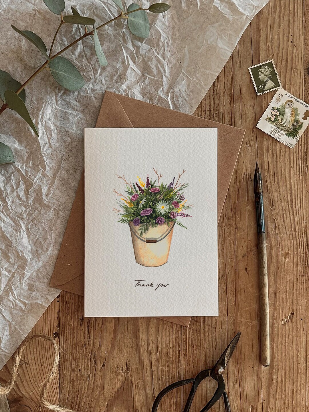 Cut Flower Bucket Thank You Design Eco Friendly Greeting Card - Etsy