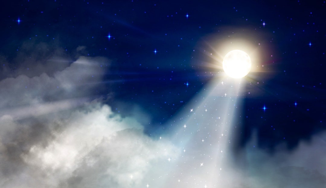 Glowing Full Moon on Night Sky With Stars, Reflecting a Bright White ...