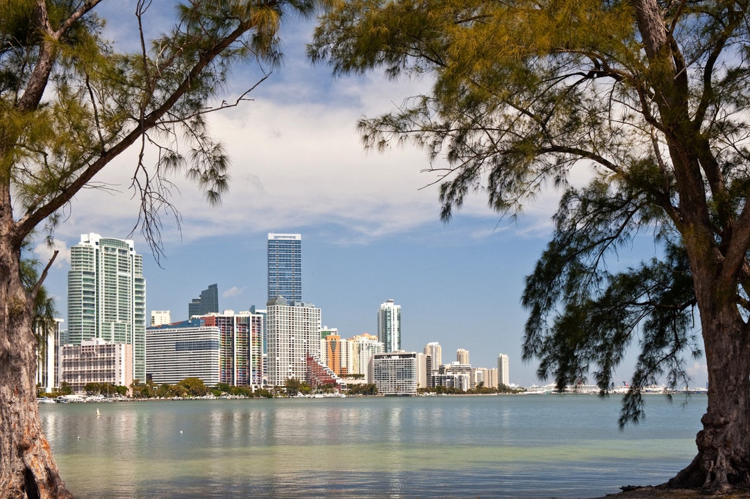 Miami City Waterfront Skyline Viewed Over Sea From Key Biscayne Canvas ...