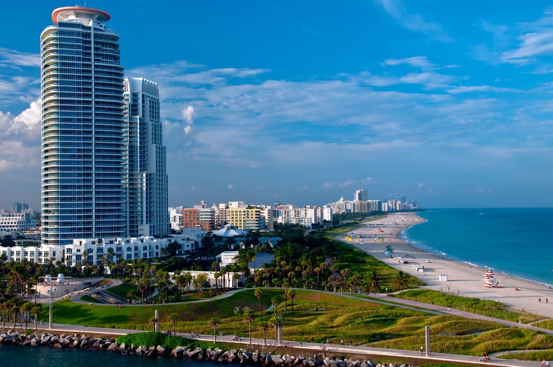 Miami Beach Skyline With Highrise's & South Point Park in Florida ...