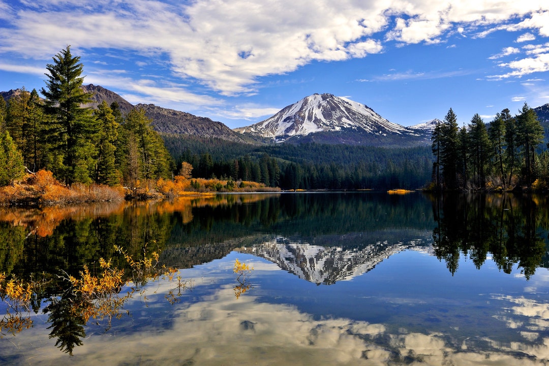 Autumn Color, Clouds, Manzanita Lake & Lassen Peak, Lassen Volcanic ...