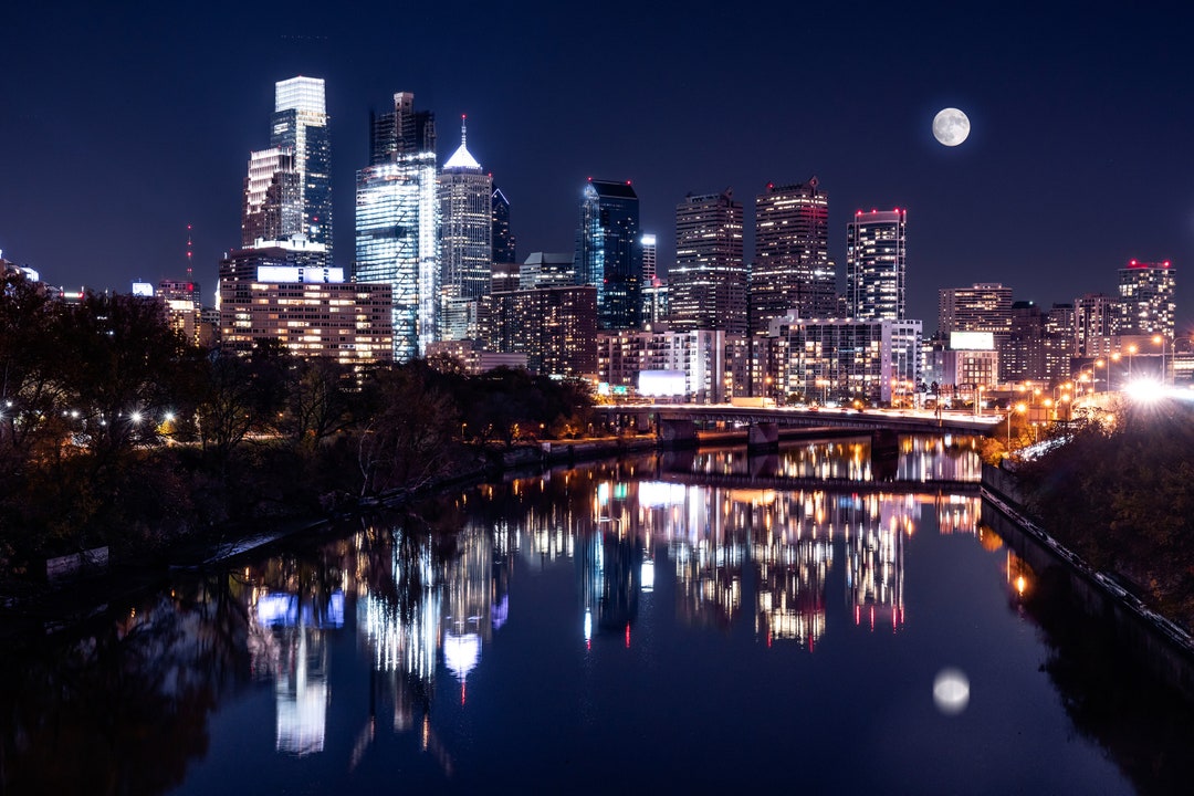Moon Over the Philadelphia Night Skyline Reflects on the - Etsy