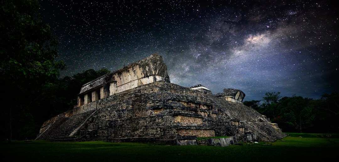 Galactic Night Starry Sky Over the Ancient Mayan City of Palenque in ...