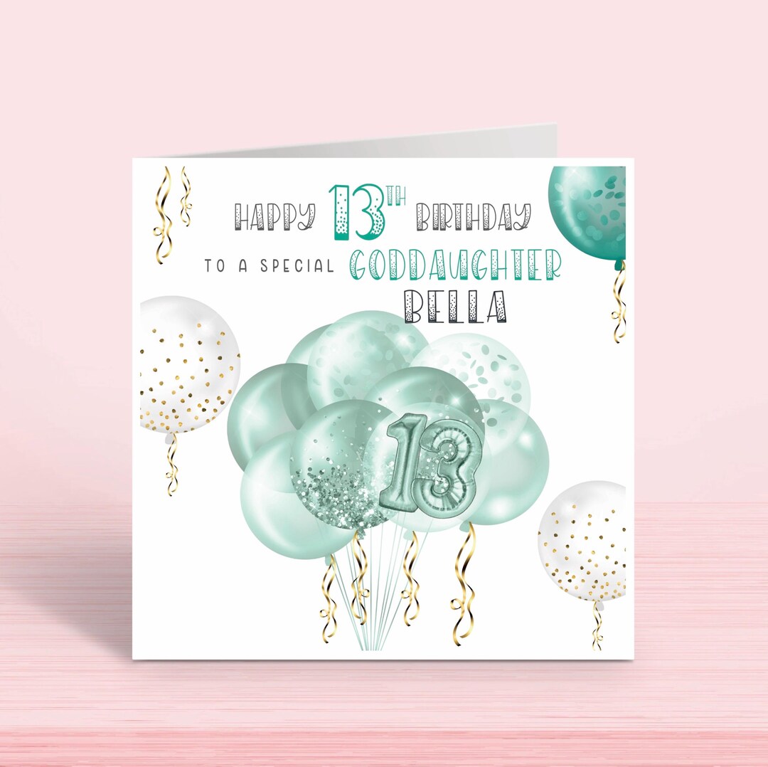 13th Birthday Card, Personalised Green Balloon Card for Girls, Teenage ...