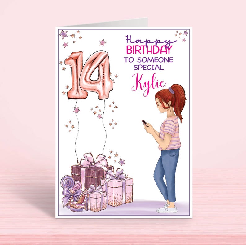 Personalised 14th Birthday Card: Girl on Phone, Any Relation and Hair ...