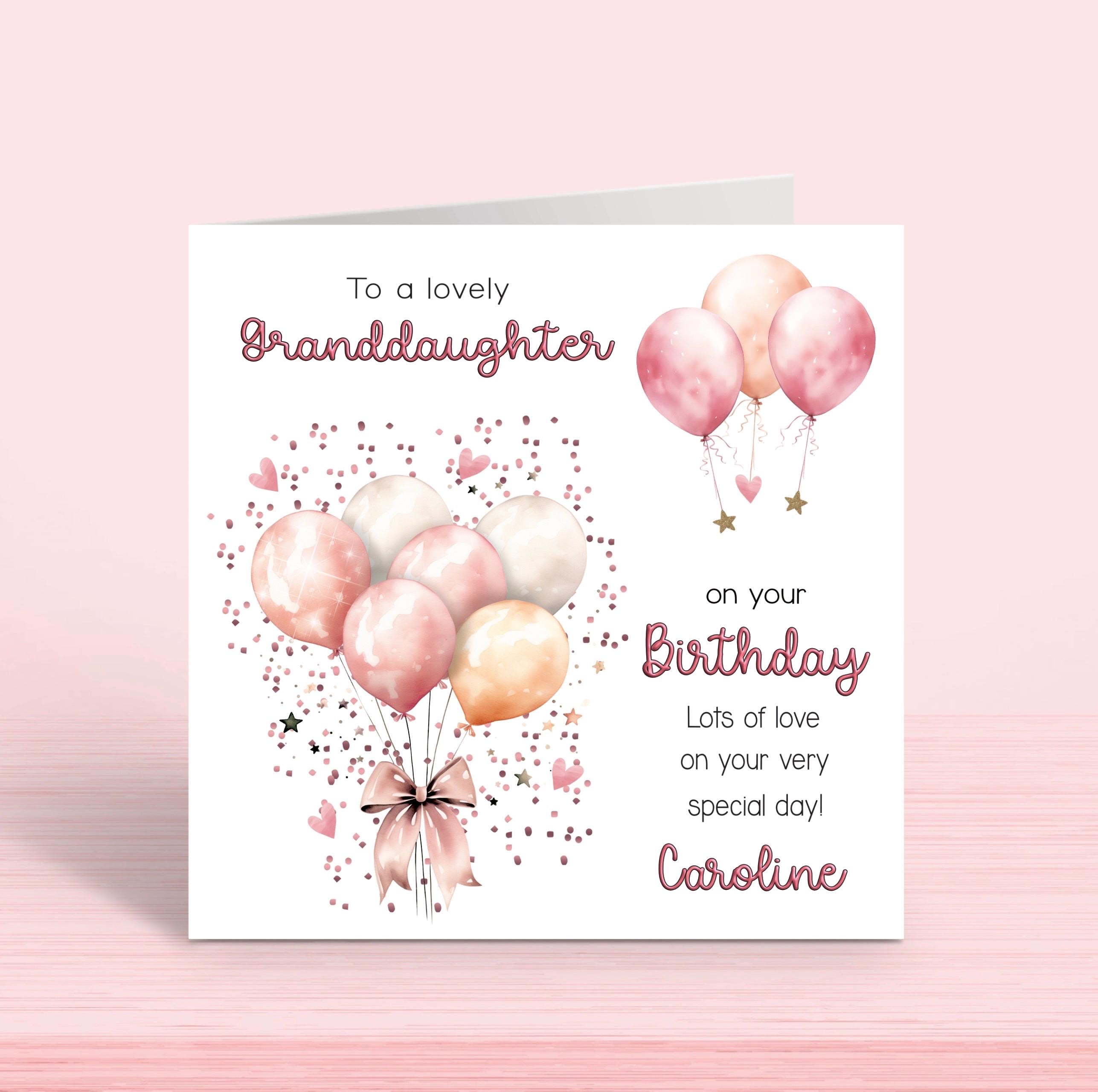 Personalised Granddaughter Birthday Card: Pink Balloons, 10 11 12 13 14 ...
