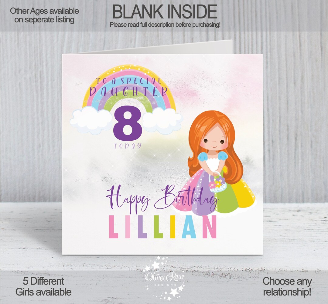 8th Birthday Card, AGE 8, Personalised, Cards for Girls, Princess ...