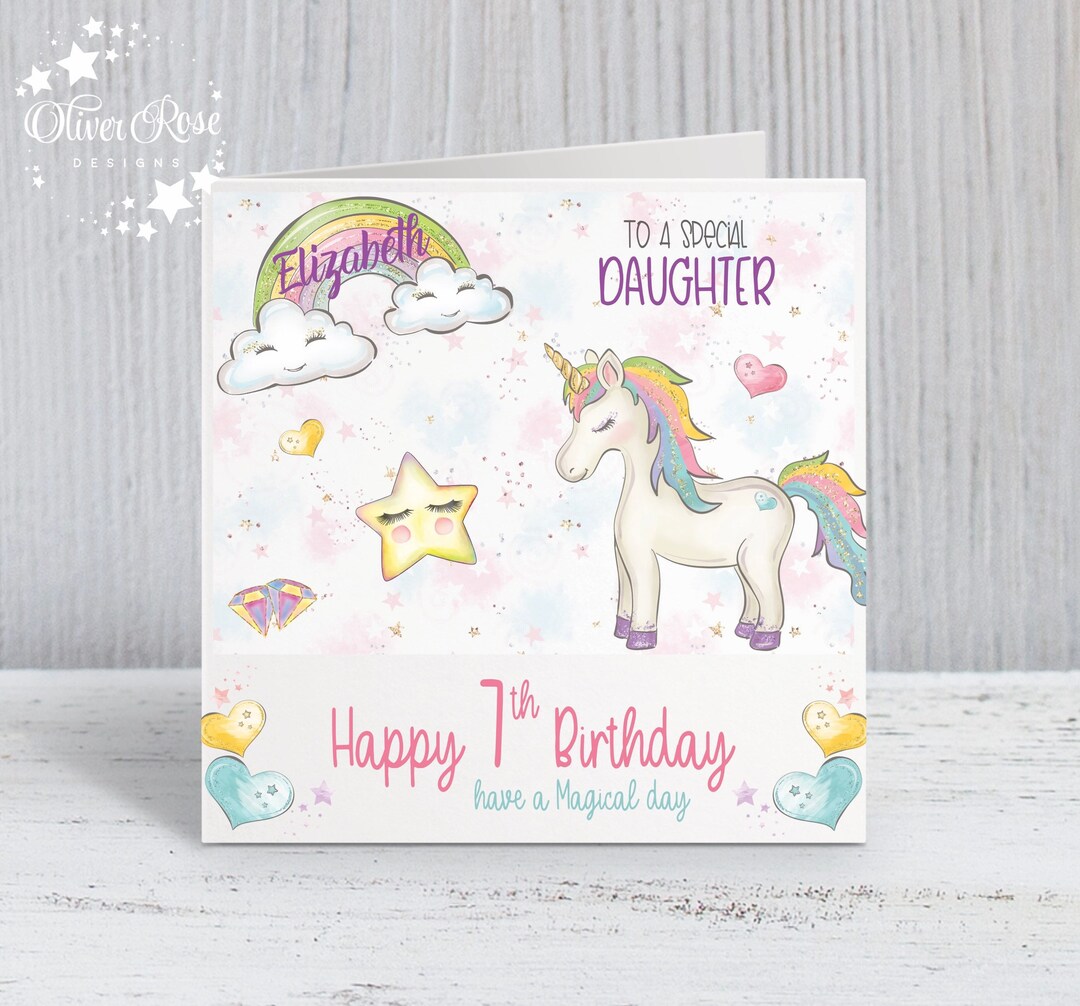 7th Birthday Card AGE 7 Unicorns & Rainbows, Girls Personalised Card ...