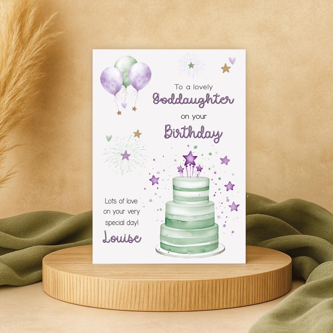Personalised Goddaughter Birthday Card: Purple & Green Cake Design, Any ...