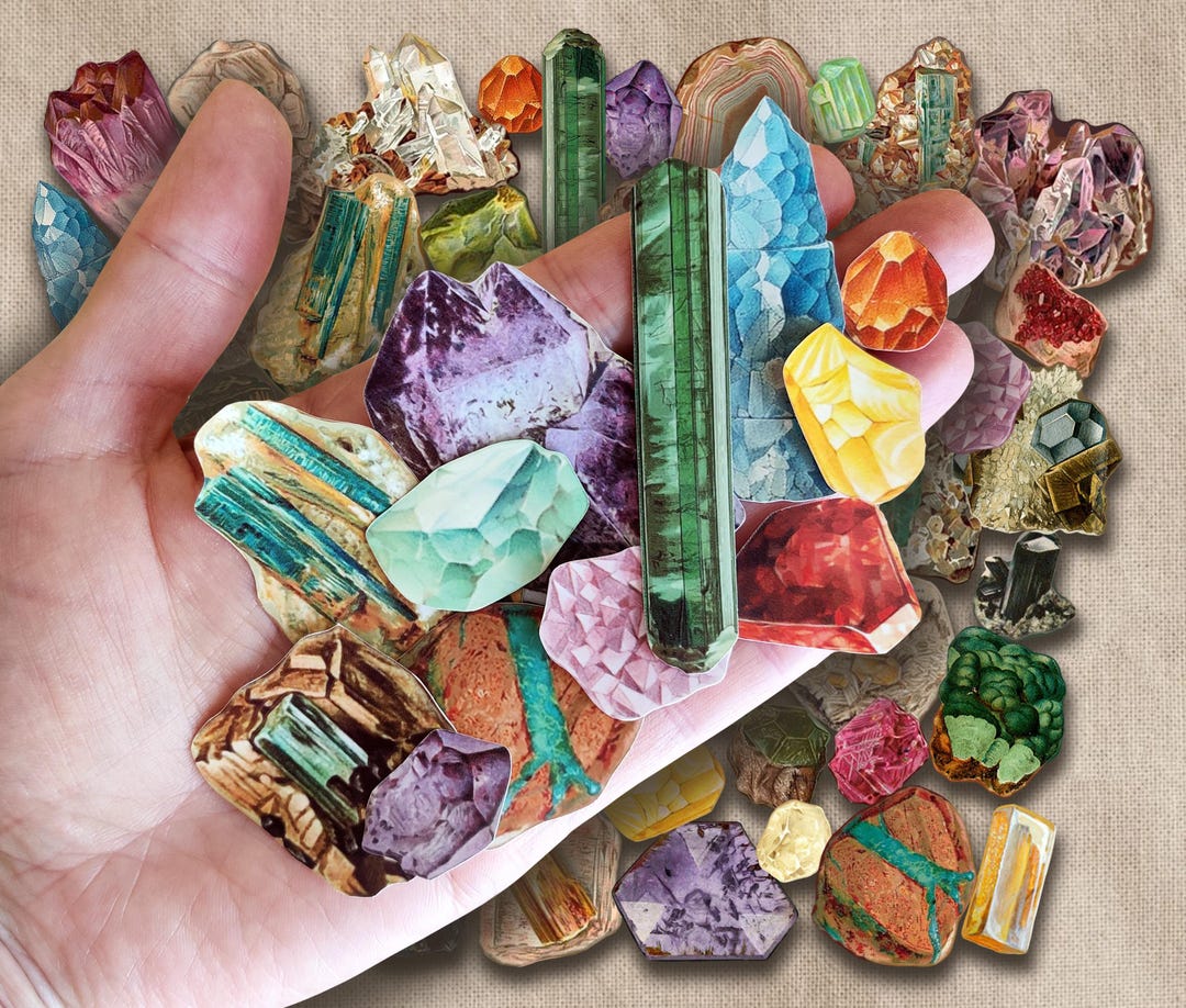 40 Piece Vintage Mineral Illustrations Stickers, Gems Minerals, Uncut ...