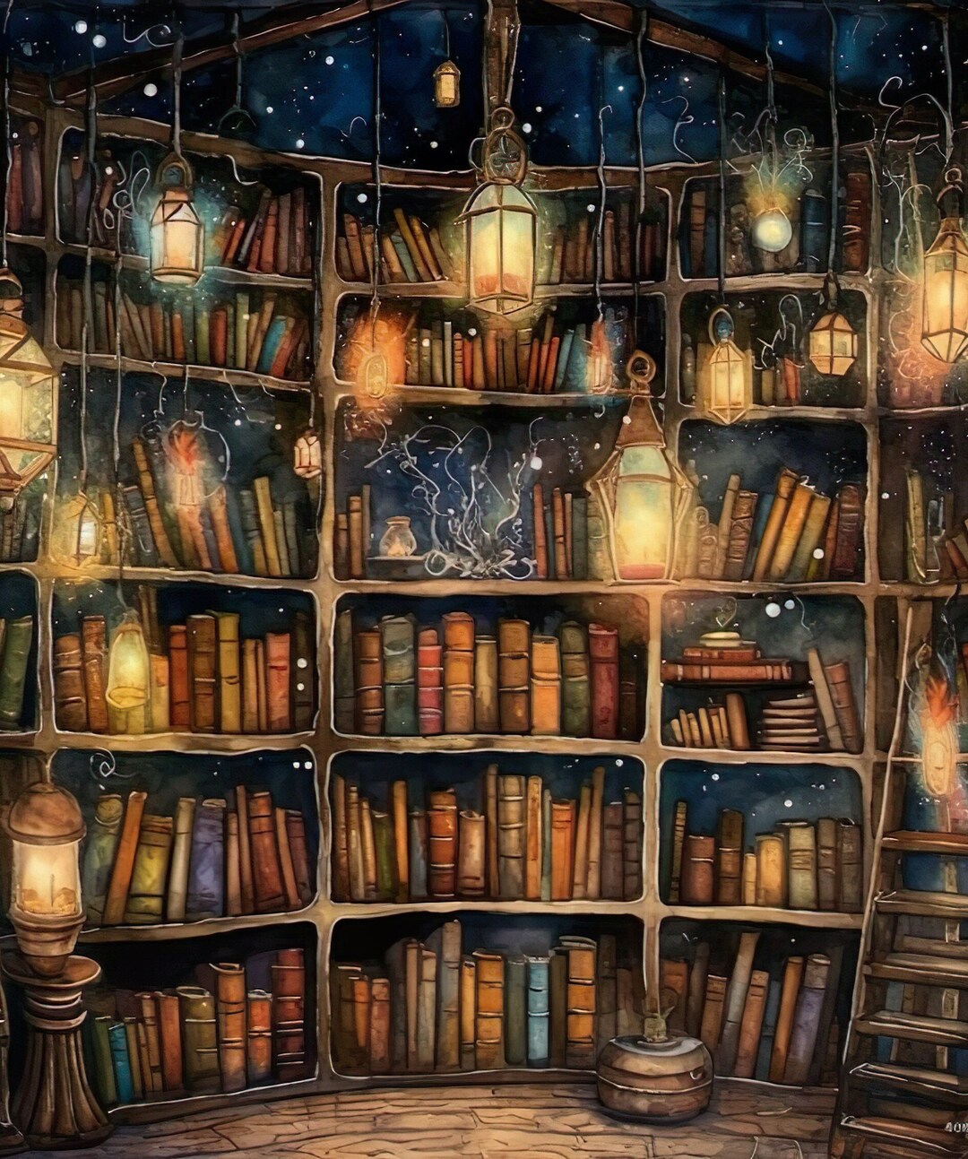 Alchemy Library, Signed Print, Fantasy Art, Library Painting, Magical ...