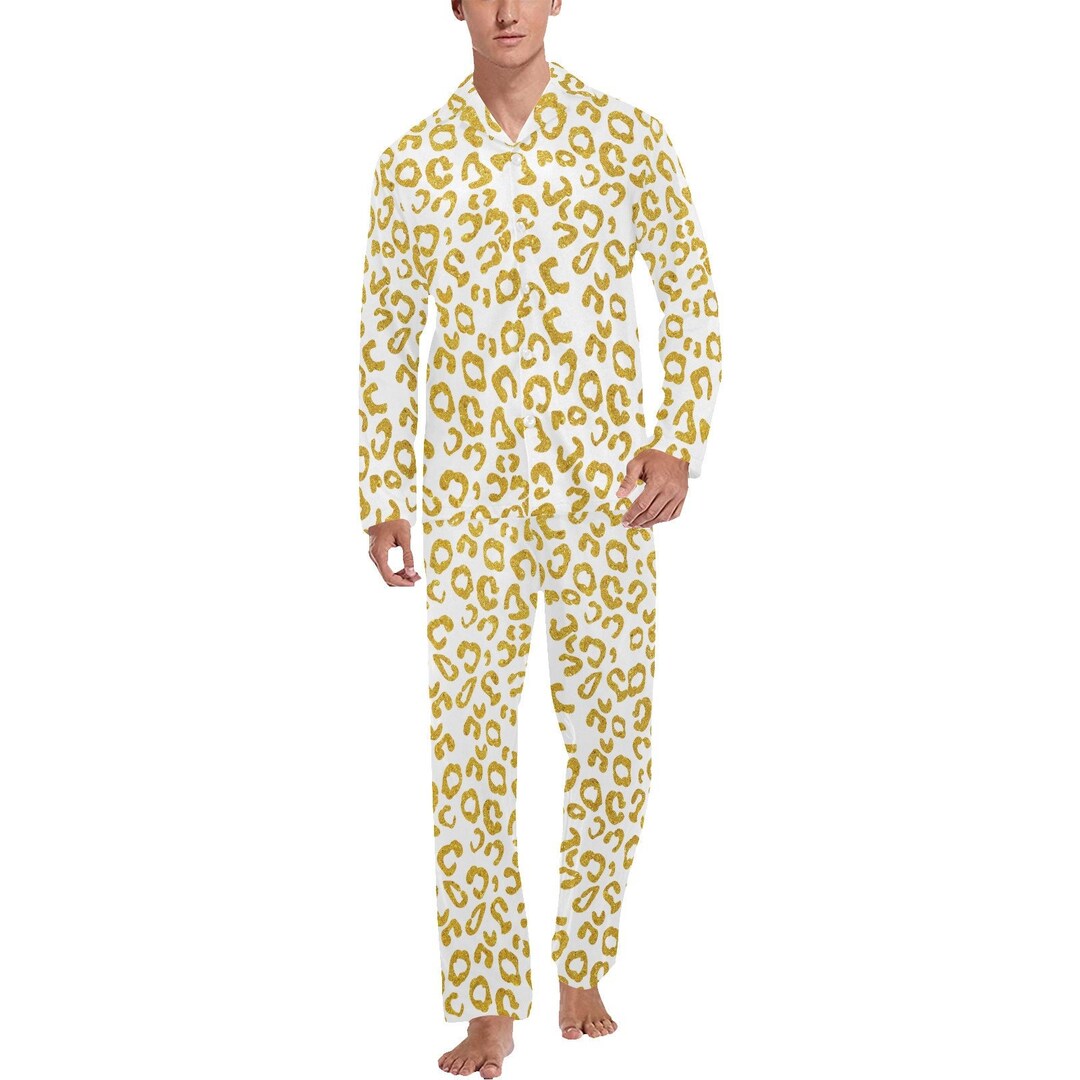 Buttoned Pajama Set for Men Snow Leopard Print, Long Sleeve Pajamas ...