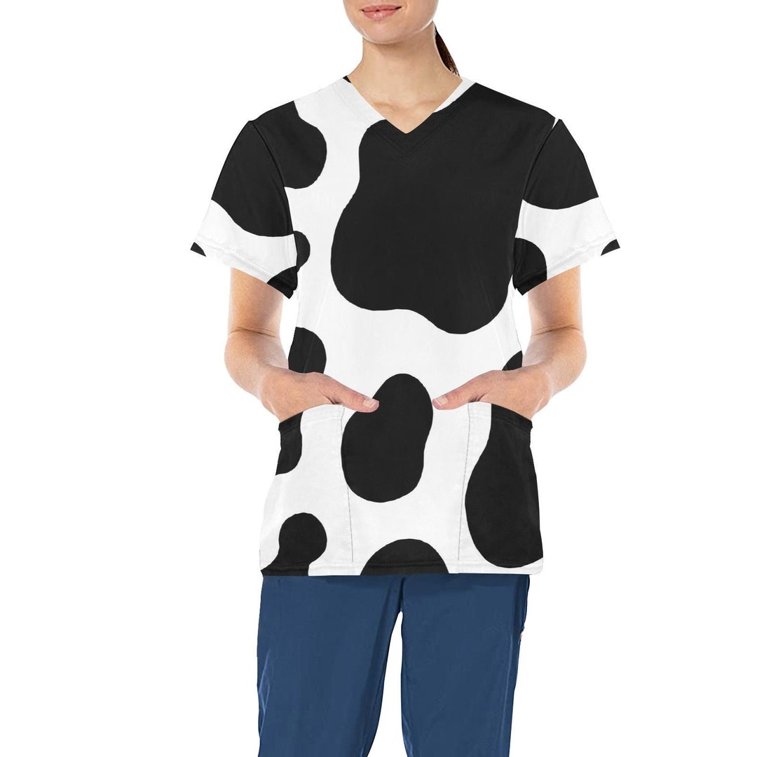Cow Print V-neck Scrub With Pockets Cow Scrub Animal Print - Etsy