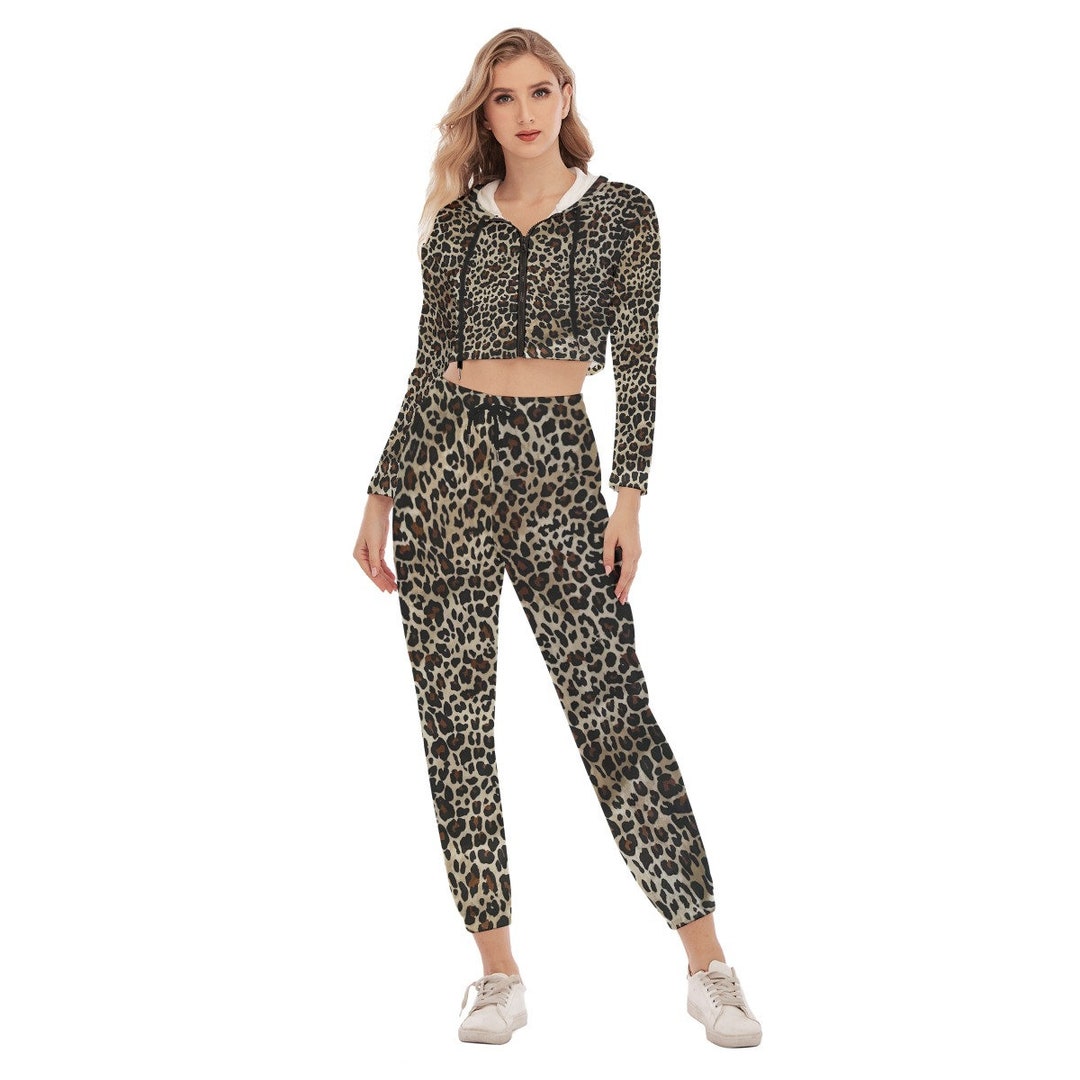 Crop Hoodie Sports Suit Leopard Print, Leopard Sports Set, Leopard ...