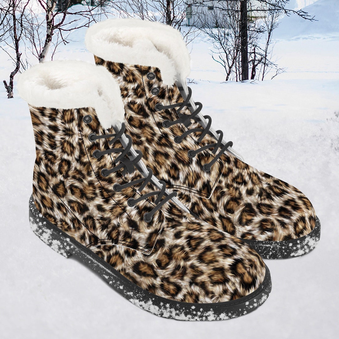 Women's Faux Fur Leather Boots Furry Leopard Print, Jaguar Print ...
