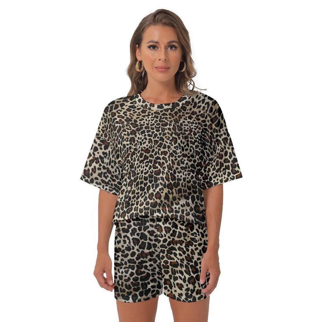 Drop Shoulder T-shirt Shorts Suit Leopard Print, Leopard Sports Set ...