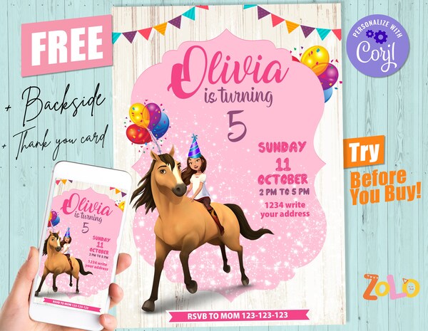 Spirit Riding Free Printable Birthday Party Invitation Horse Party Girl ...