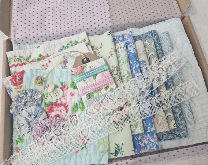 Quilt and Fabric Box, Vintage Fabric Bundle, Sewing Wrap Kit, Needle ...