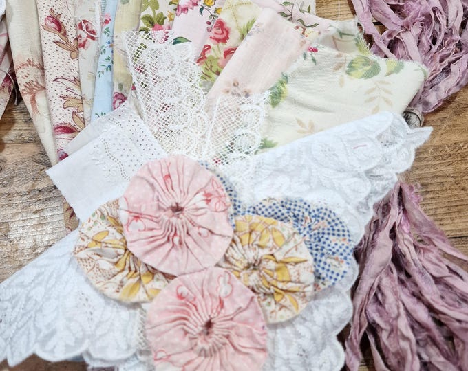 Beautiful Vintage Floral Fabrics and Lace Bundle, Slow Stitching Bundle ...