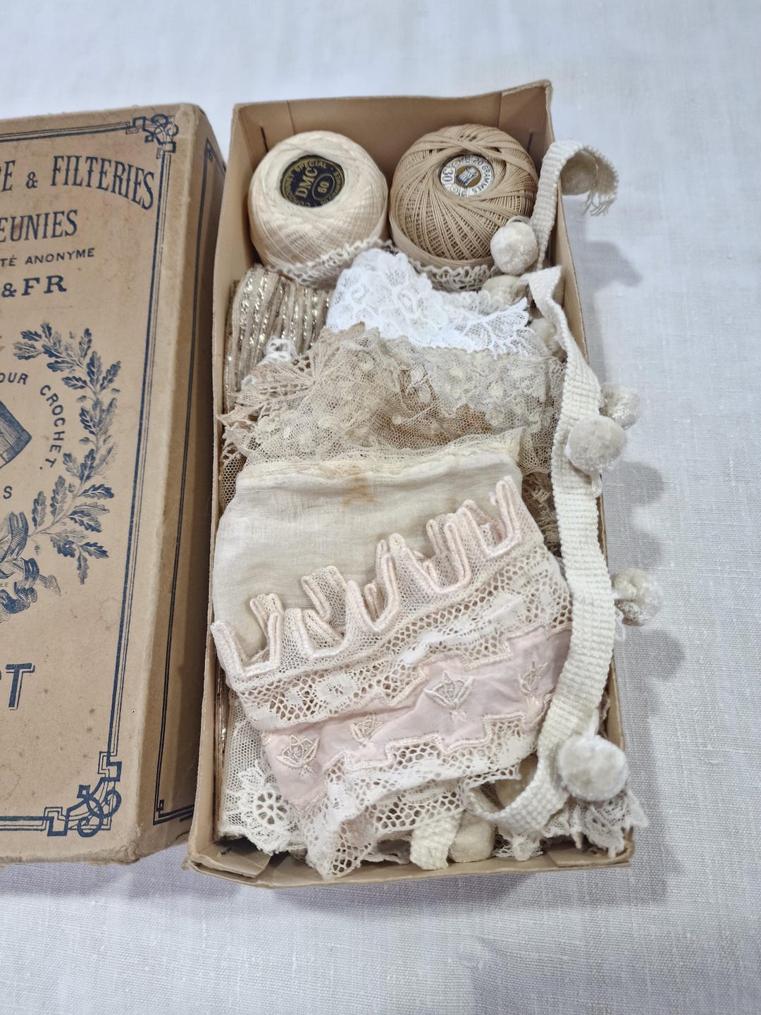Vintage French Box Full of Laces and Threads, Old Lace Pieces, Slow ...