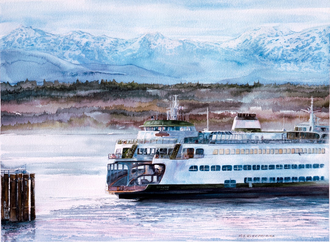 Ferry Boat Painting Watercolor Edmonds Kingston Ferry Olympic Mountains ...