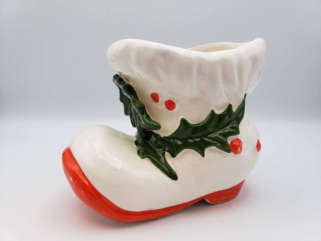 Vintage Ceramic Christmas Boot Planter: White Holly Kitsch Decor - Etsy