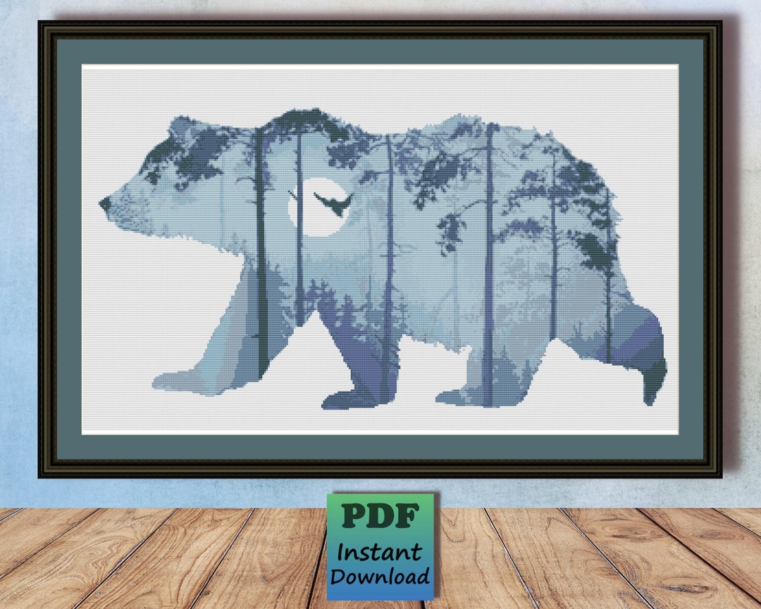 Blue Bear Silhouette Monochrome Scenery Counted Cross Stitch Pattern to ...