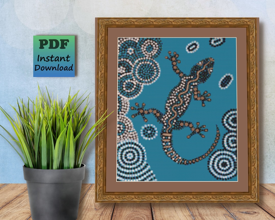 Aboriginal Lizard Cross Stitch Pattern, Teal Dot Art (PDF Pattern) - Etsy