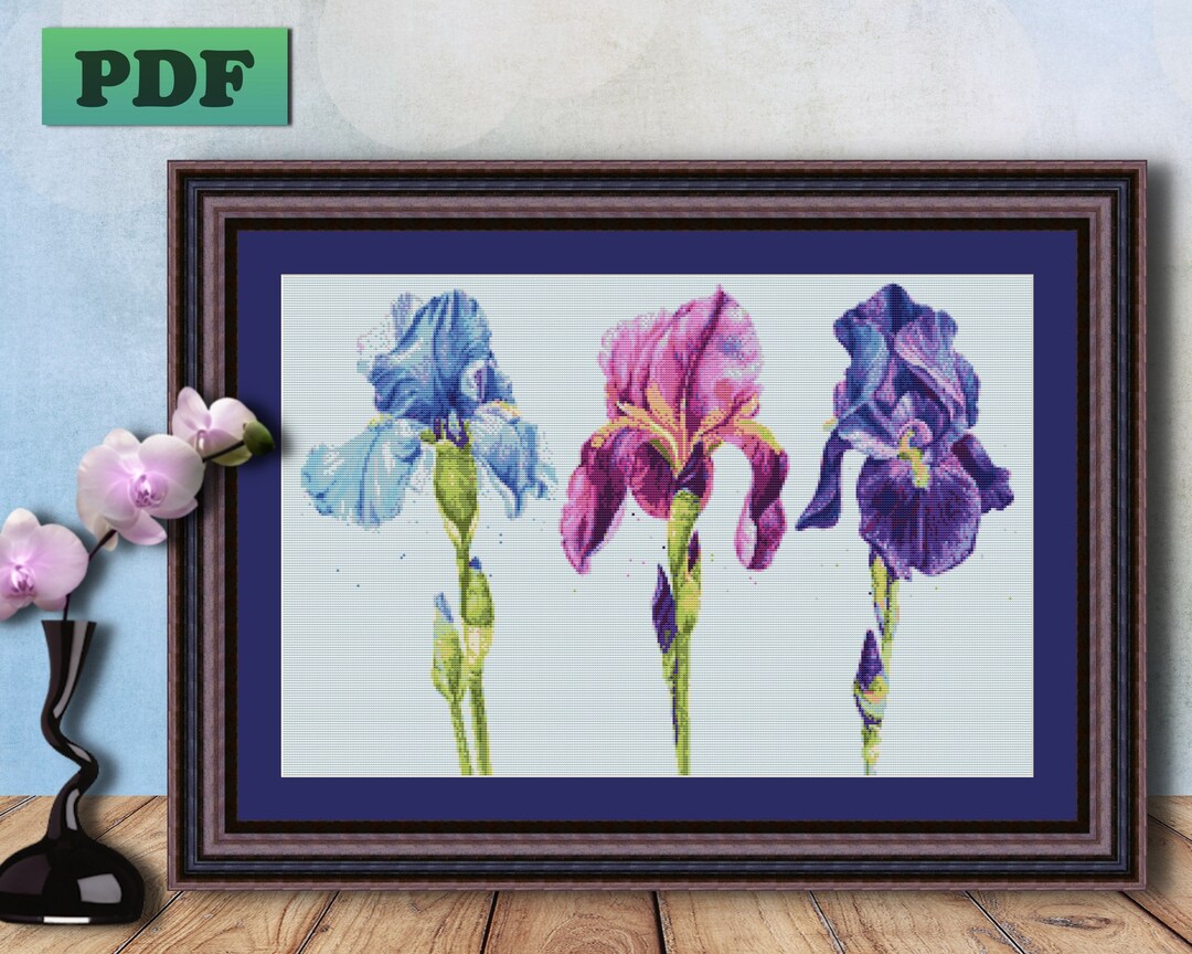 IRIS FLOWER Counted Cross Stitch PDF Pattern, Impressionist Watercolor ...