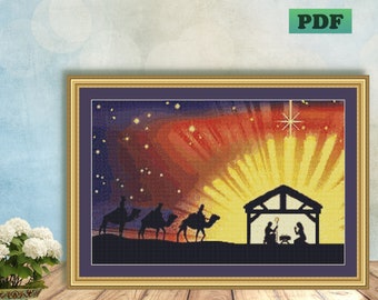 Counted Cross Stitch Pattern, Baby Jesus, Christmas Nativity Bethlehem, Chart, Silhouette, Easy ...