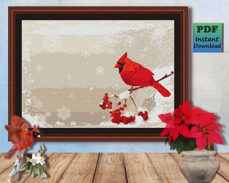Red Cardinal Counted Cross Stitch Pattern Winter Scene PDF - Etsy