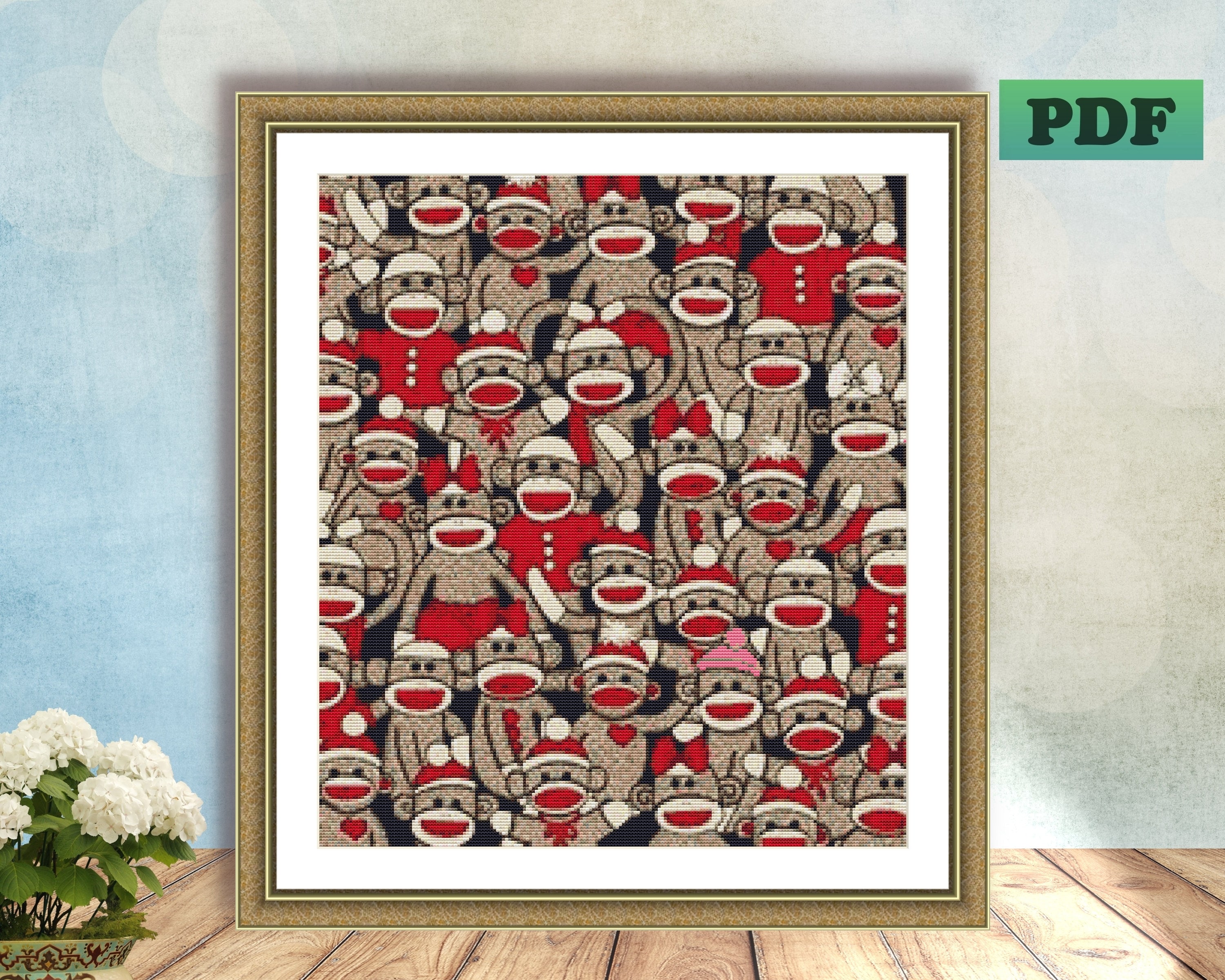 Where's SOCK MONKEY - Pink Hat Girl - Baby Nursery - Counted Cross ...