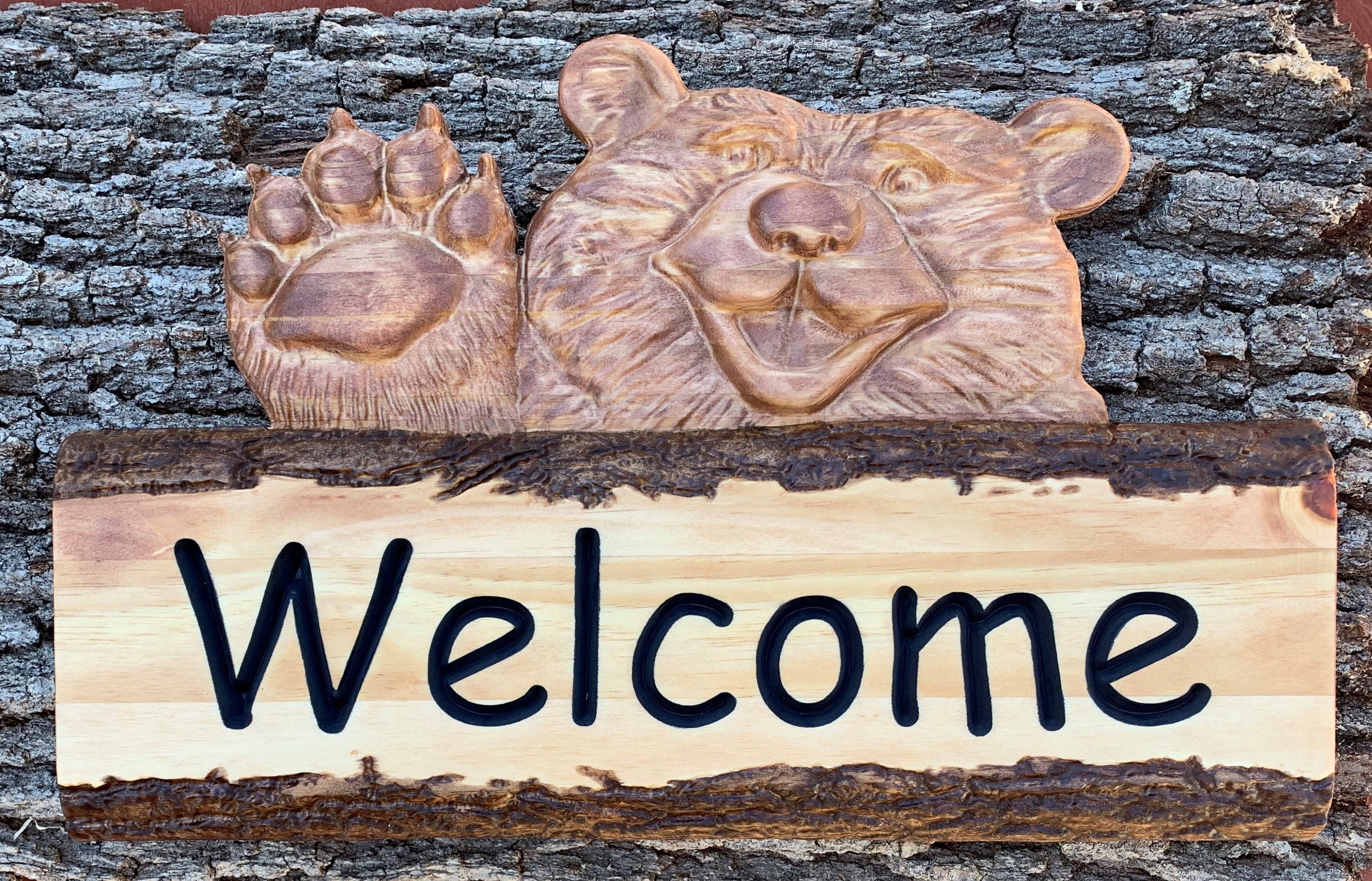 Welcome Sign on Log With Bear - Etsy
