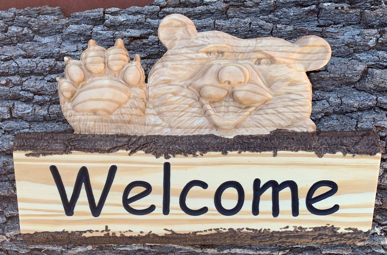 Welcome Sign on Log With Bear - Etsy