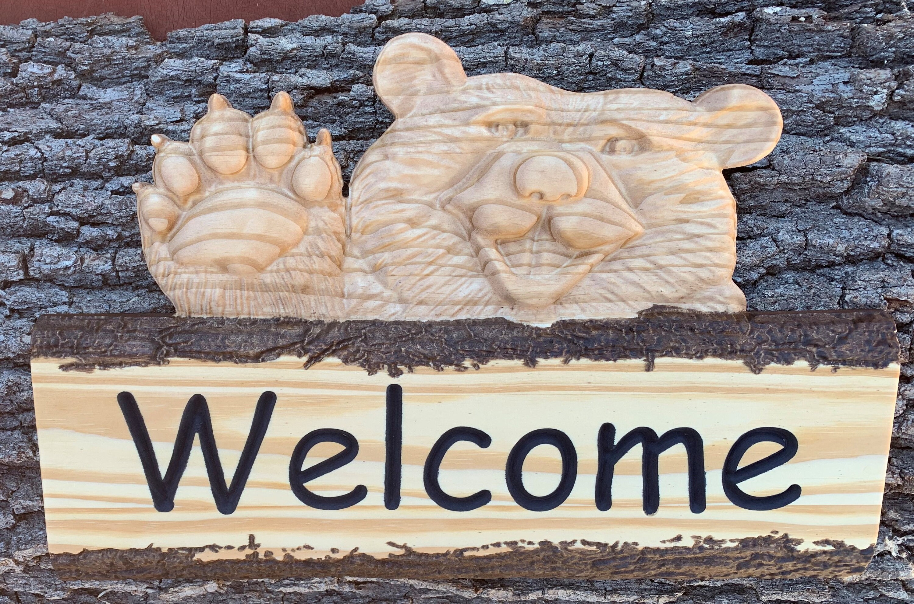 Welcome Sign on Log With Bear - Etsy