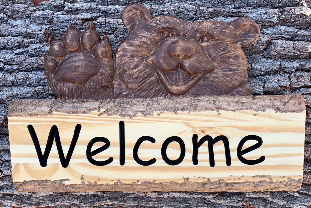 Welcome Sign on Log With Bear - Etsy