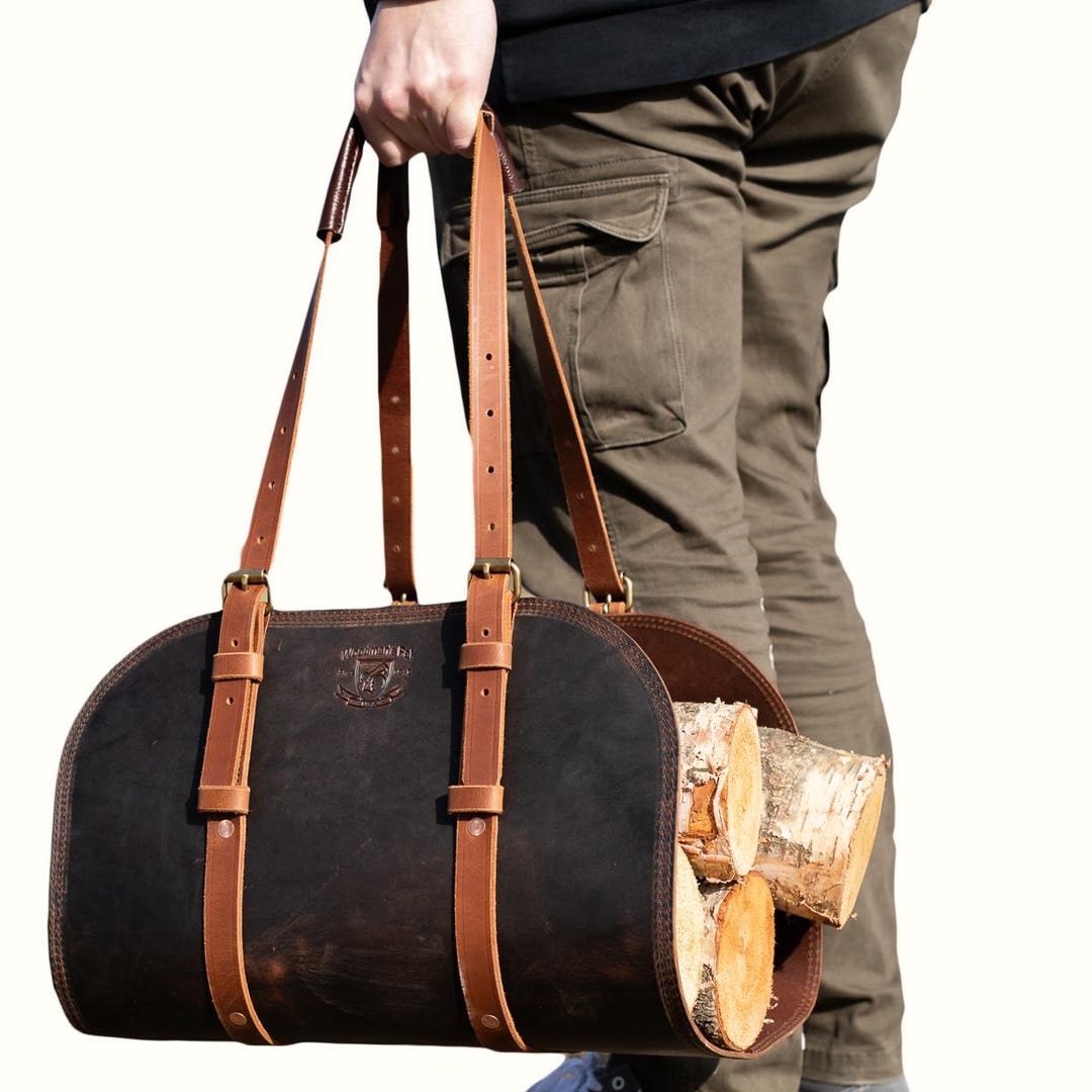 Buffalo Leather Log Carrier: Handcrafted Firewood Tote, Made in USA - Etsy