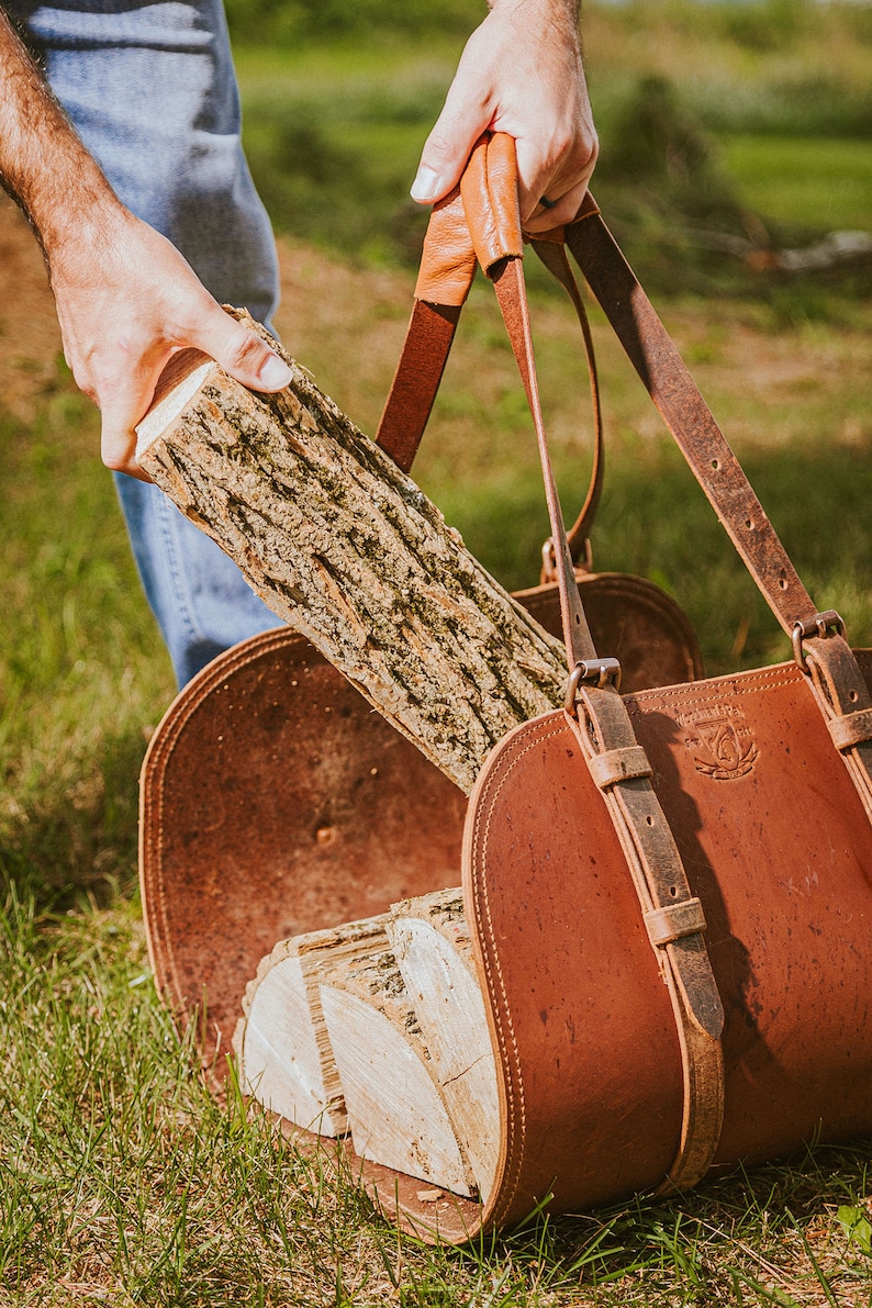 Buffalo Leather Log Carrier: Handcrafted Firewood Tote, Made in USA - Etsy